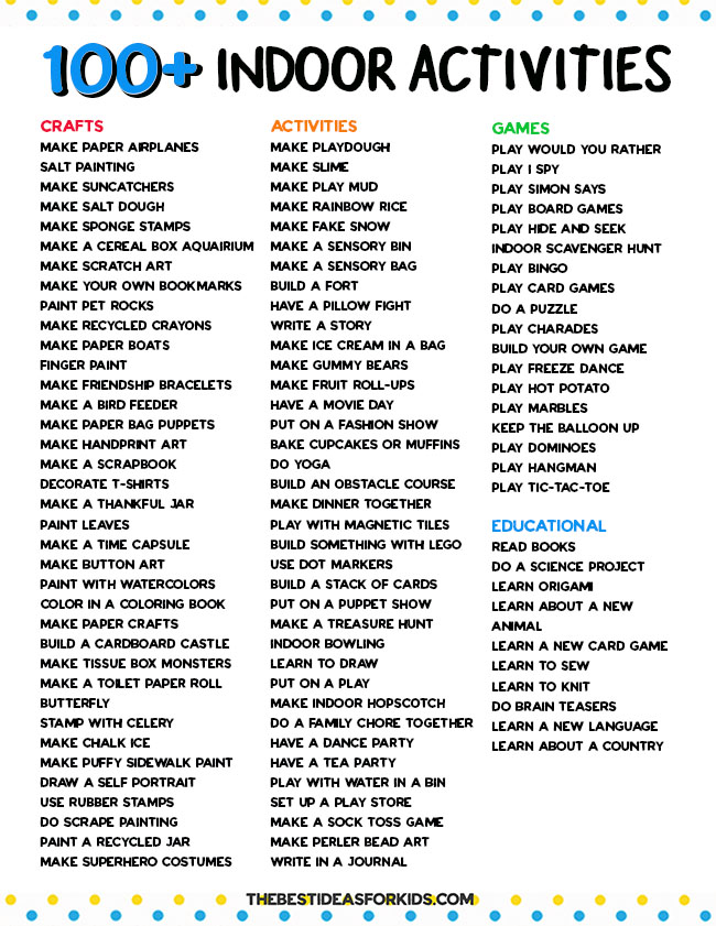 100 Indoor Activities For Kids with Free Printable The Best Ideas